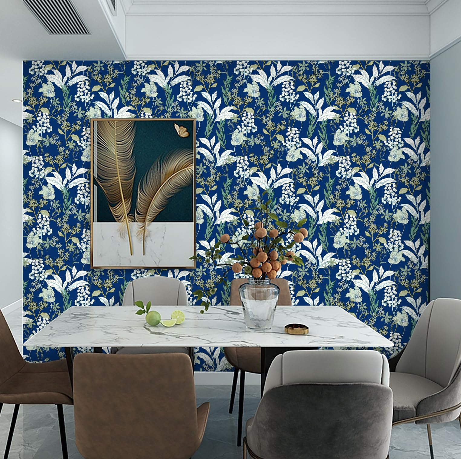 Yasinet Peel and Stick Wallpaper Boho Blue Wallpaper Removable Floral Self-Adhesive Contact Paper Vintage Blue Wallpaper for Walls Bedroom Vinyl Rolls 15.75inch × 78.7 inch