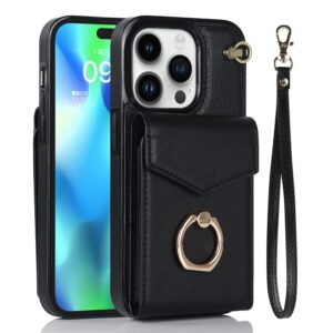 xyajuang phone case compatible with iphone 14 pro（6.1''），leather accordion folding wallet &card holder with rfid shielding material phone case ，with adjustable ring holder and lanyard (black)