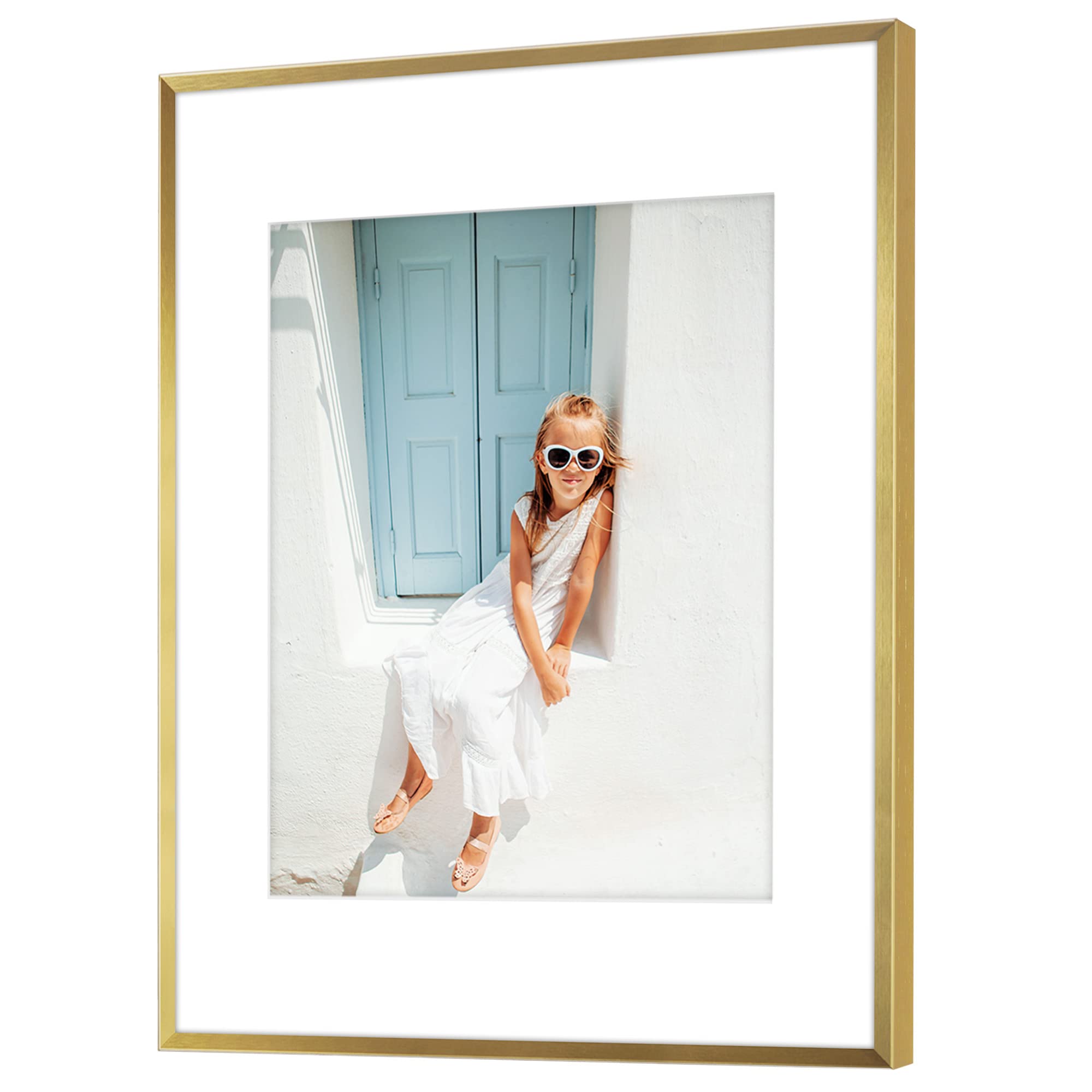 Americanflat Aluminum 11x14 Picture Frame in Gold - Use as 8x10 Picture Frame with Mat or 11x14 Frame Without Mat - Shatter Resistant Glass with Built-in Hanging Hardware for Wall