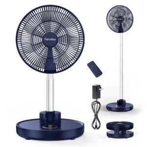 faraday oscillating standing fan 12” foldable portable quiet floor fan 12000mah rechargeable pedestal fan with remote, timer setting, height adjustable foldaway fan for bedroom home office, 6 speed