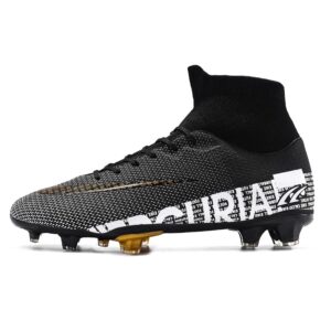 jiebuniao men's soccer shoes professional spikes hightop football boots boy youth competition/training/athletic sneaker black 9.5