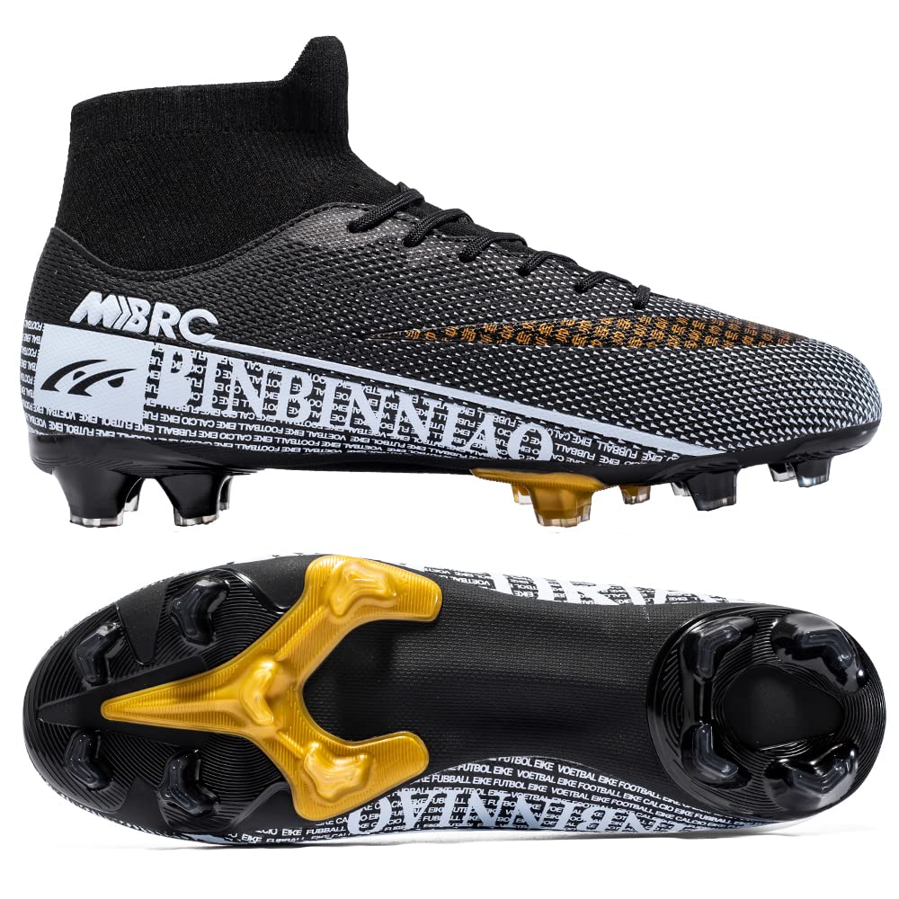 JIEBUNIAO Men's Soccer Shoes Professional Spikes Hightop Football Boots Boy Youth Competition/Training/Athletic Sneaker Black 9.5