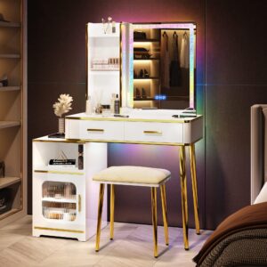 fredees lighted vanity mirror set with touch screen, drawers, and stool - white