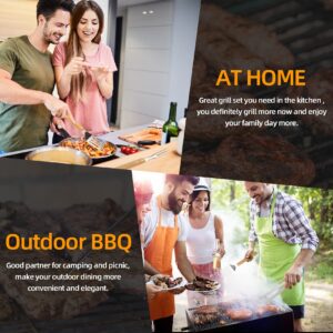 BBQ Tool Grill Accessories Set - AMPSEVEN 4PCS Stainless Steel Grilling Tools Kit with Acacia Wood Chopping Board,Spatula, Fork, BBQ Tongs Deluxe Barbecue Gift with Carrying Case