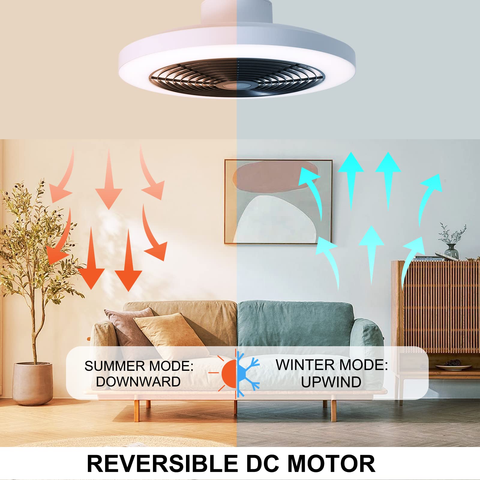 Rough sailor 19.7" Modern Ceiling Fan, Dimmable Low Profile Ceiling Fan, Stepless Colour Temperature Change and 6-Speed Bladeless Ceiling Fan, Black LED Ceiling Fan Lights