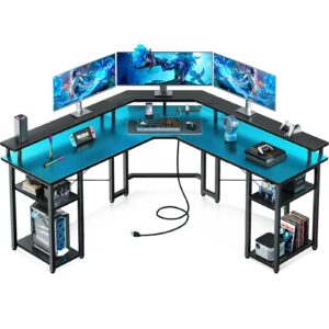 coleshome l shaped gaming desk with led lights & power outlets, reversible 56" computer desk with full monitor stand & storage shelves, ergonomic home office corner desk, black