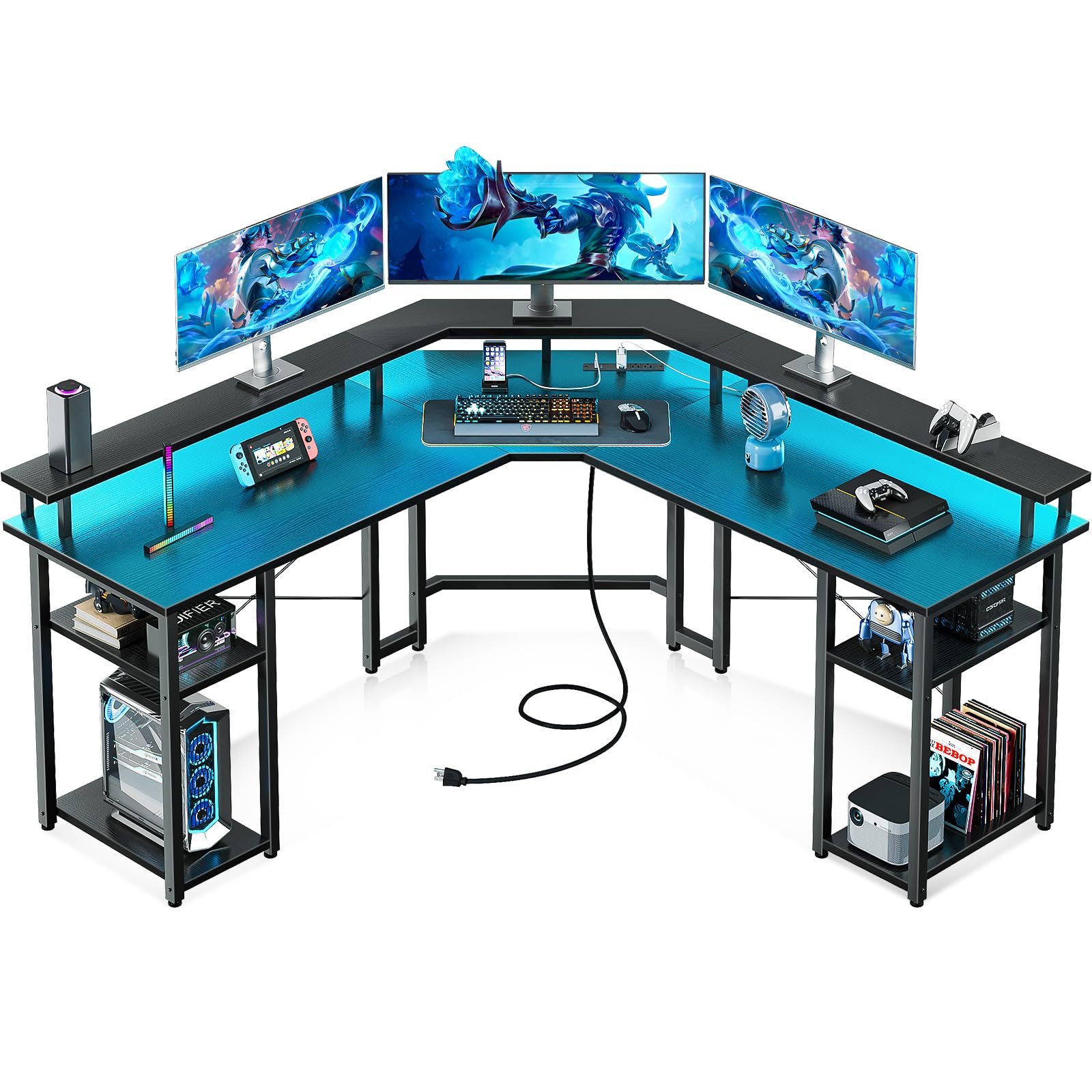 Coleshome L Shaped Gaming Desk with LED Lights & Power Outlets, Reversible 56" Computer Desk with Full Monitor Stand & Storage Shelves, Ergonomic Home Office Corner Desk, Black