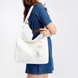 Covelin Womens Canvas Bag with Bear Pendant Crossbody Purse Top Zip Shoulder Handbag White