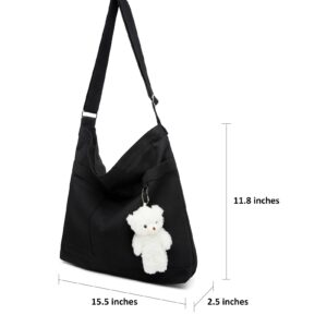 Covelin Womens Canvas Bag with Bear Pendant Crossbody Purse Top Zip Shoulder Handbag White