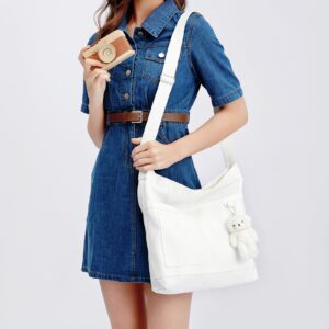 Covelin Womens Canvas Bag with Bear Pendant Crossbody Purse Top Zip Shoulder Handbag White