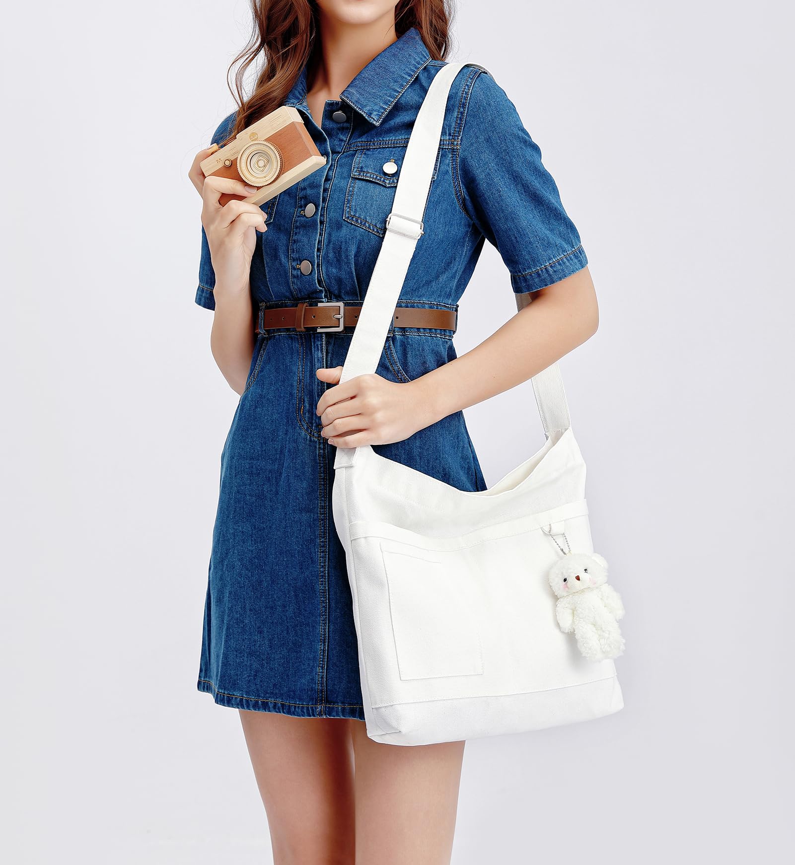 Covelin Womens Canvas Bag with Bear Pendant Crossbody Purse Top Zip Shoulder Handbag White