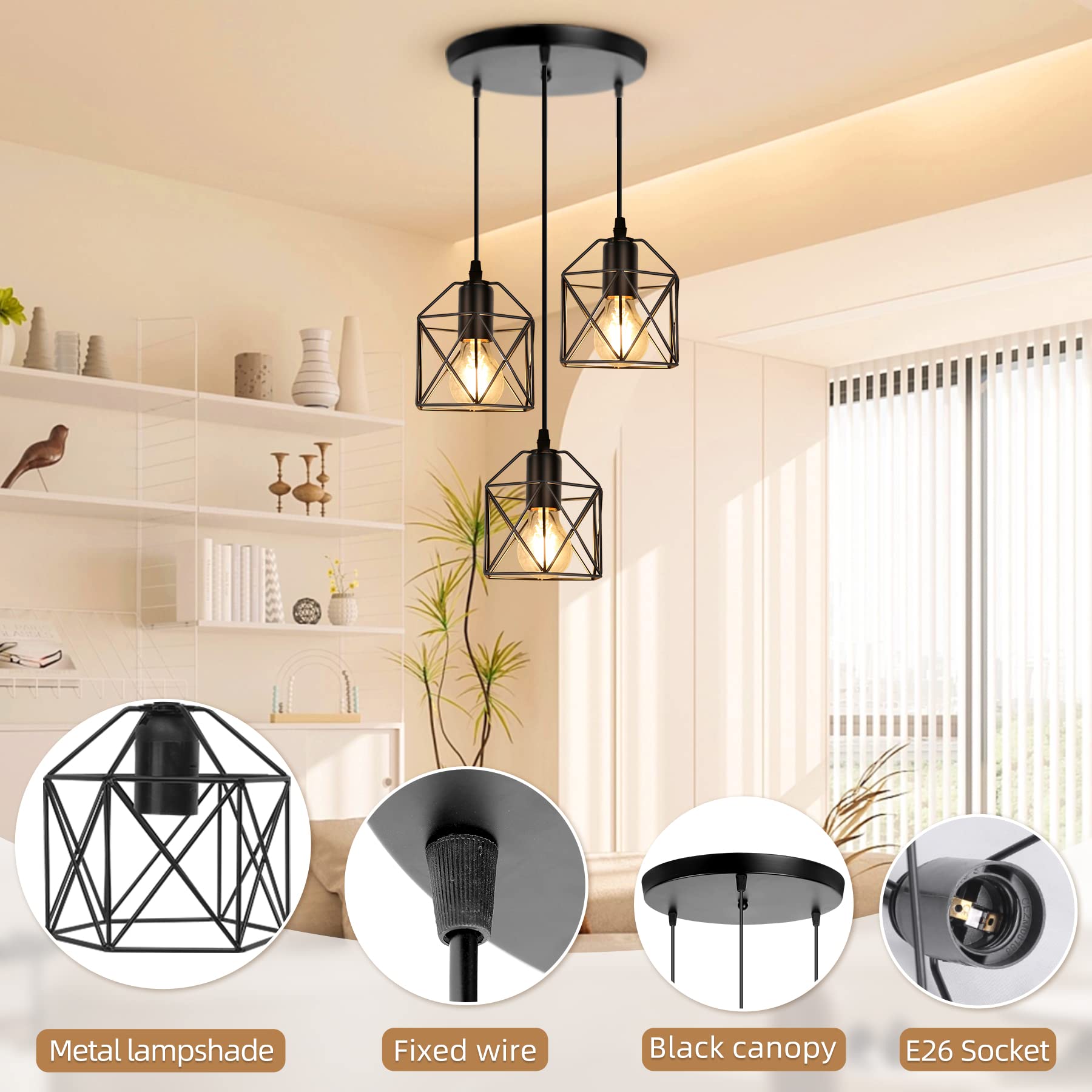 CANMEIJIA 3-Light Pendant Light Fixtures, Farmhouse Kitchen Island Light Fixture, Industrial Hanging Pendant Lighting for Dining Room Bedroom, Black Metal Cage Pendant, E26 Base, Bulbs Not Included