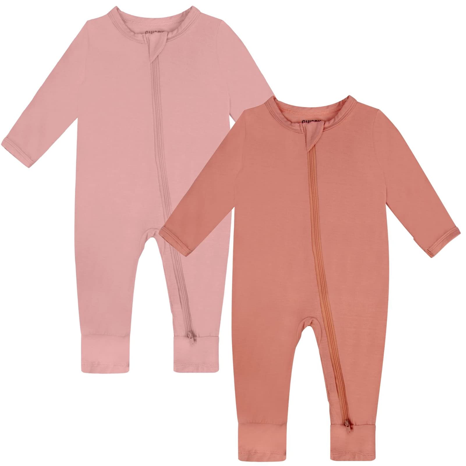 GUISBY Rayon Baby Romper, Soft Long Sleeve with 2-way Zippers Pajamas Orange-Pink 3-6 Months