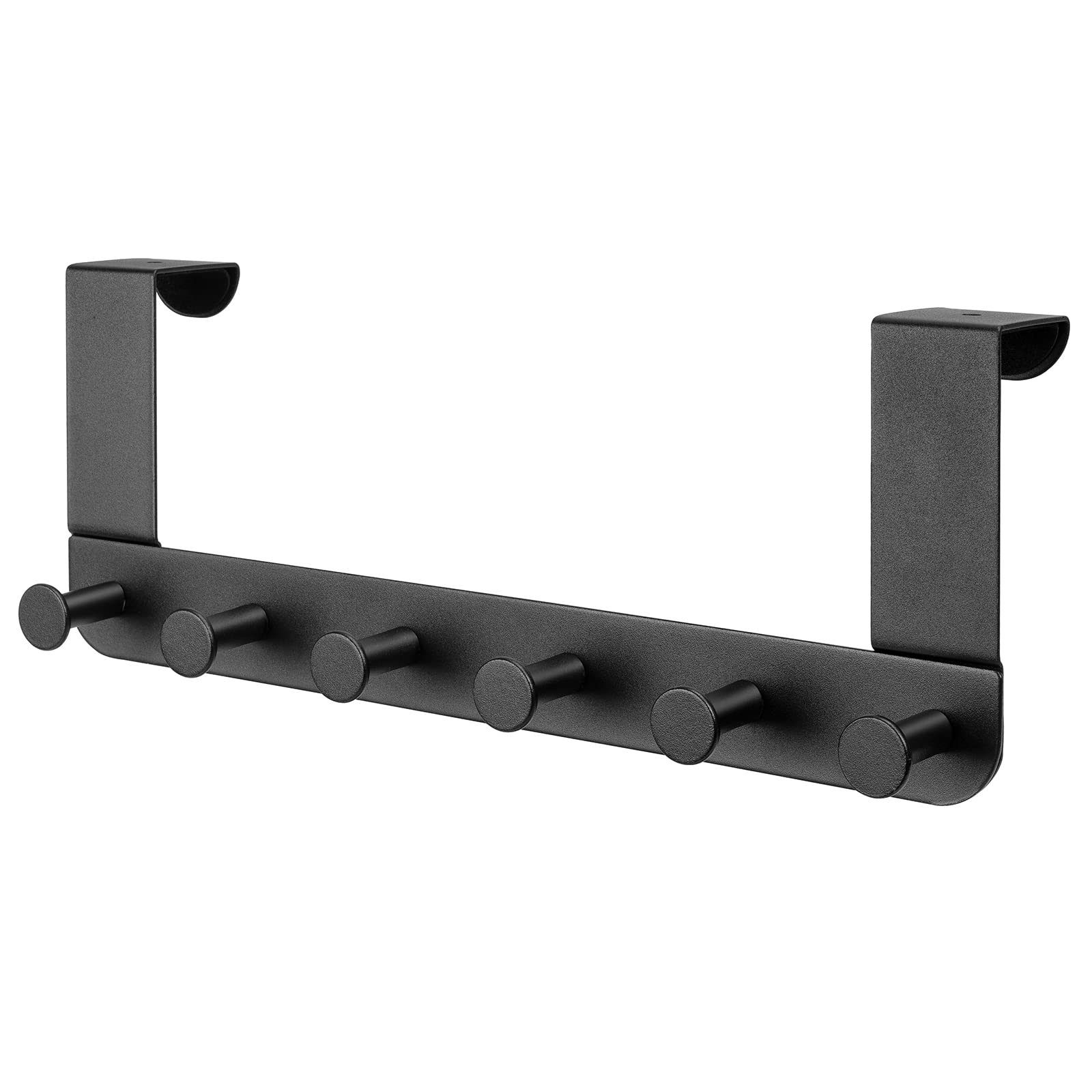 Matte Black Over the Door Bath Towel Rack with 6 Coat Pegs Heavy Duty Closet Door Hanger Towel Holder Behind Door Metal Hooks for Hanging Clothes Robe Back of Door Multi-Use Organizer Bag Rack