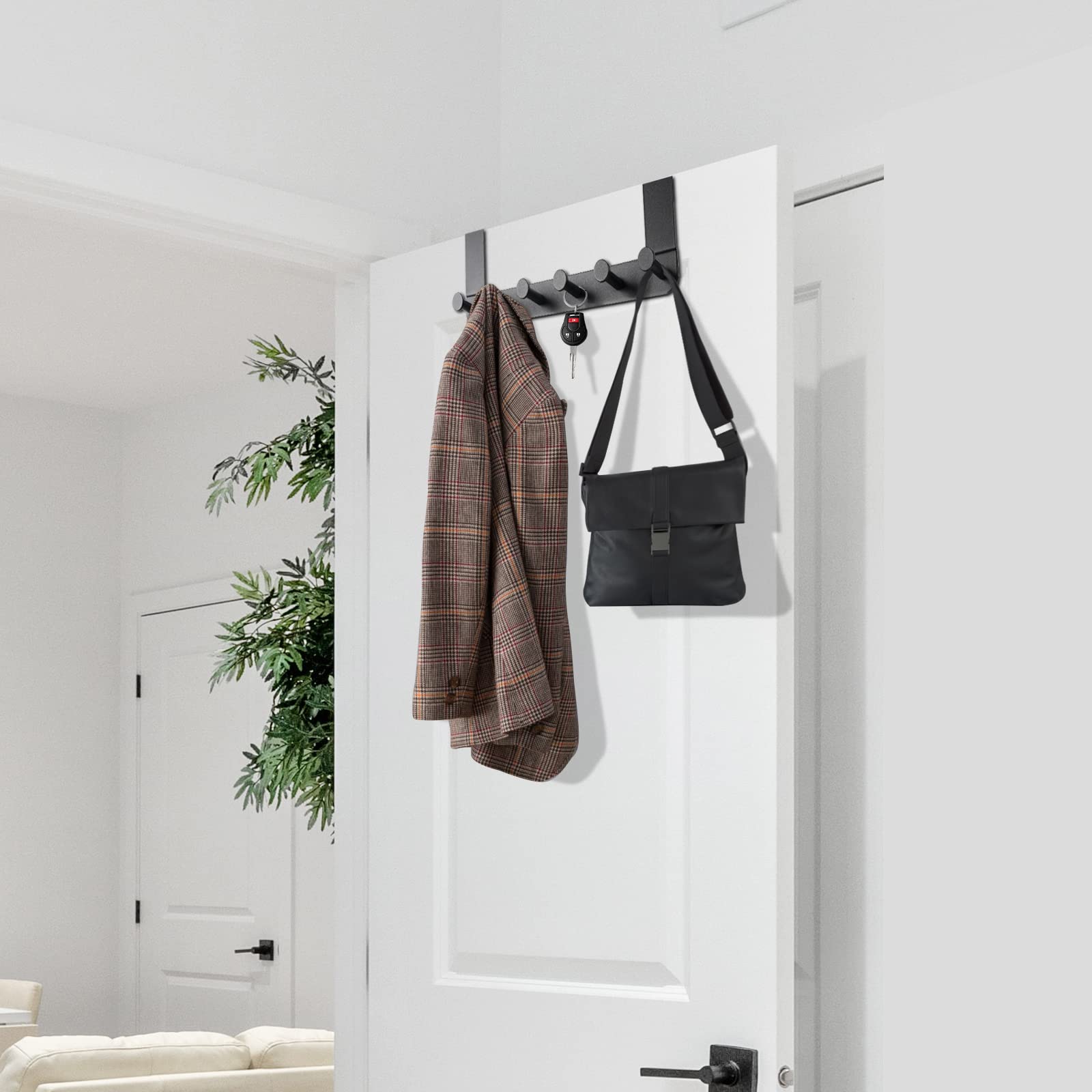 Matte Black Over the Door Bath Towel Rack with 6 Coat Pegs Heavy Duty Closet Door Hanger Towel Holder Behind Door Metal Hooks for Hanging Clothes Robe Back of Door Multi-Use Organizer Bag Rack