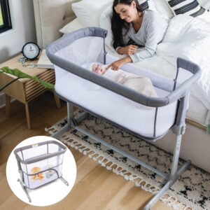 3 in 1 baby bassinet, bedside sleeper, & playpen, easy folding portable crib (grey)- koolababy (mesh bassinet)