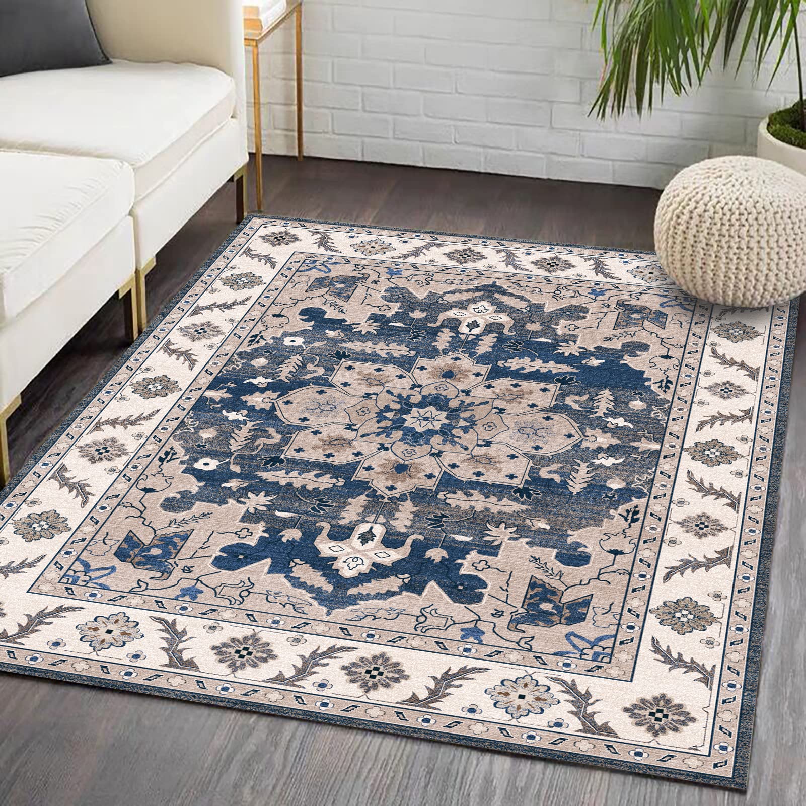 FINOREN Moroccan Distressed Area Rug,Stain Resistant Washable,Low Pile Non-slip Rug for Living Room Bedroom Dining Room Kitchen Indoor Office,Room Decorative Rugs,Blue,4x6 Feet