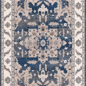 FINOREN Moroccan Distressed Area Rug,Stain Resistant Washable,Low Pile Non-slip Rug for Living Room Bedroom Dining Room Kitchen Indoor Office,Room Decorative Rugs,Blue,4x6 Feet