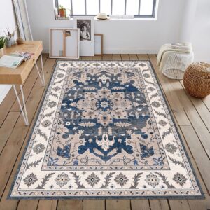 FINOREN Moroccan Distressed Area Rug,Stain Resistant Washable,Low Pile Non-slip Rug for Living Room Bedroom Dining Room Kitchen Indoor Office,Room Decorative Rugs,Blue,4x6 Feet