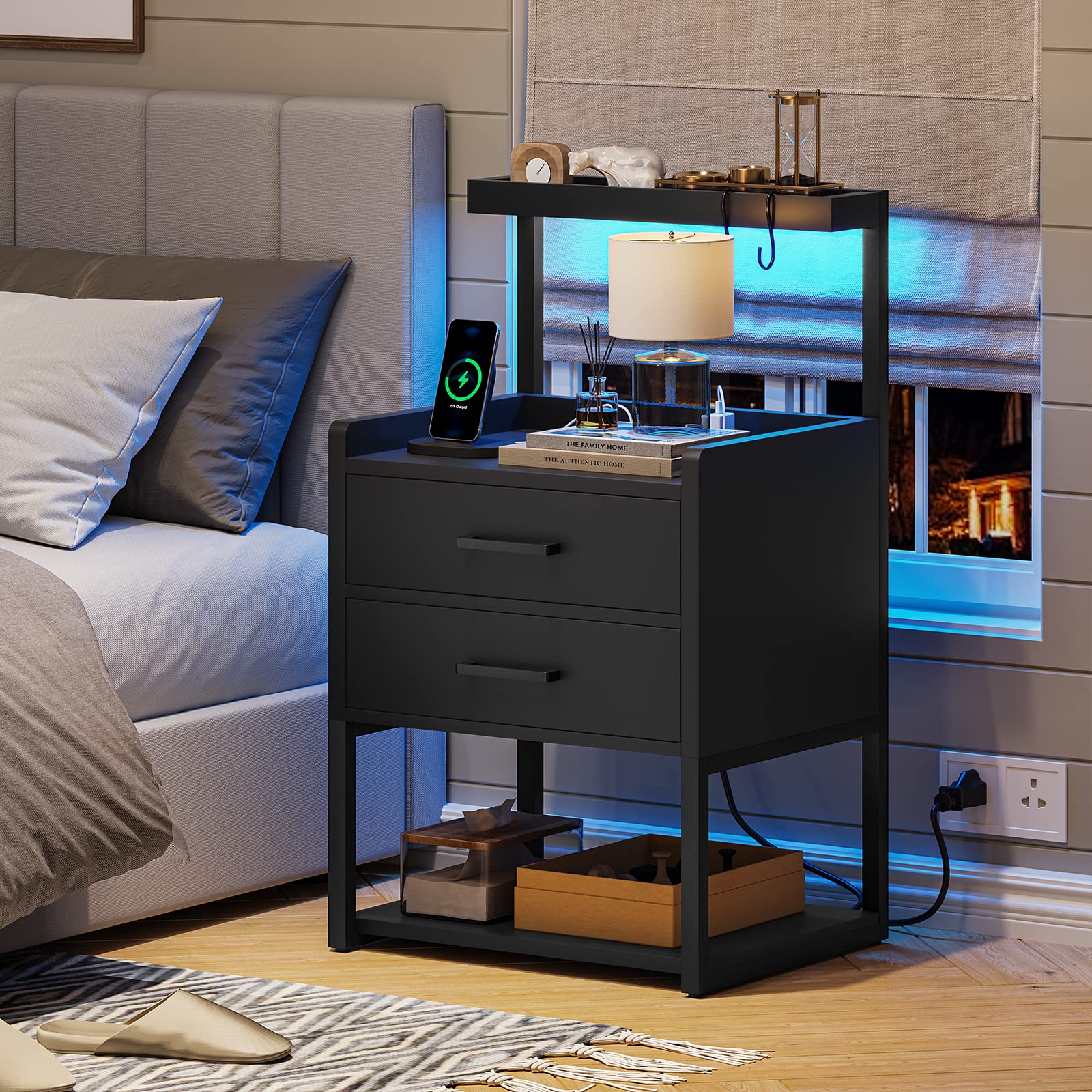 AOGLLATI Nightstand with LED Lights and Charging Station, 2 Drawers Bedroom Night Stand, 2 USB Ports, 2 Outlets, Bed Side Table with Storage Shelves, Black