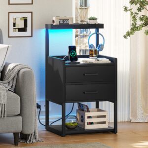 AOGLLATI Nightstand with LED Lights and Charging Station, 2 Drawers Bedroom Night Stand, 2 USB Ports, 2 Outlets, Bed Side Table with Storage Shelves, Black