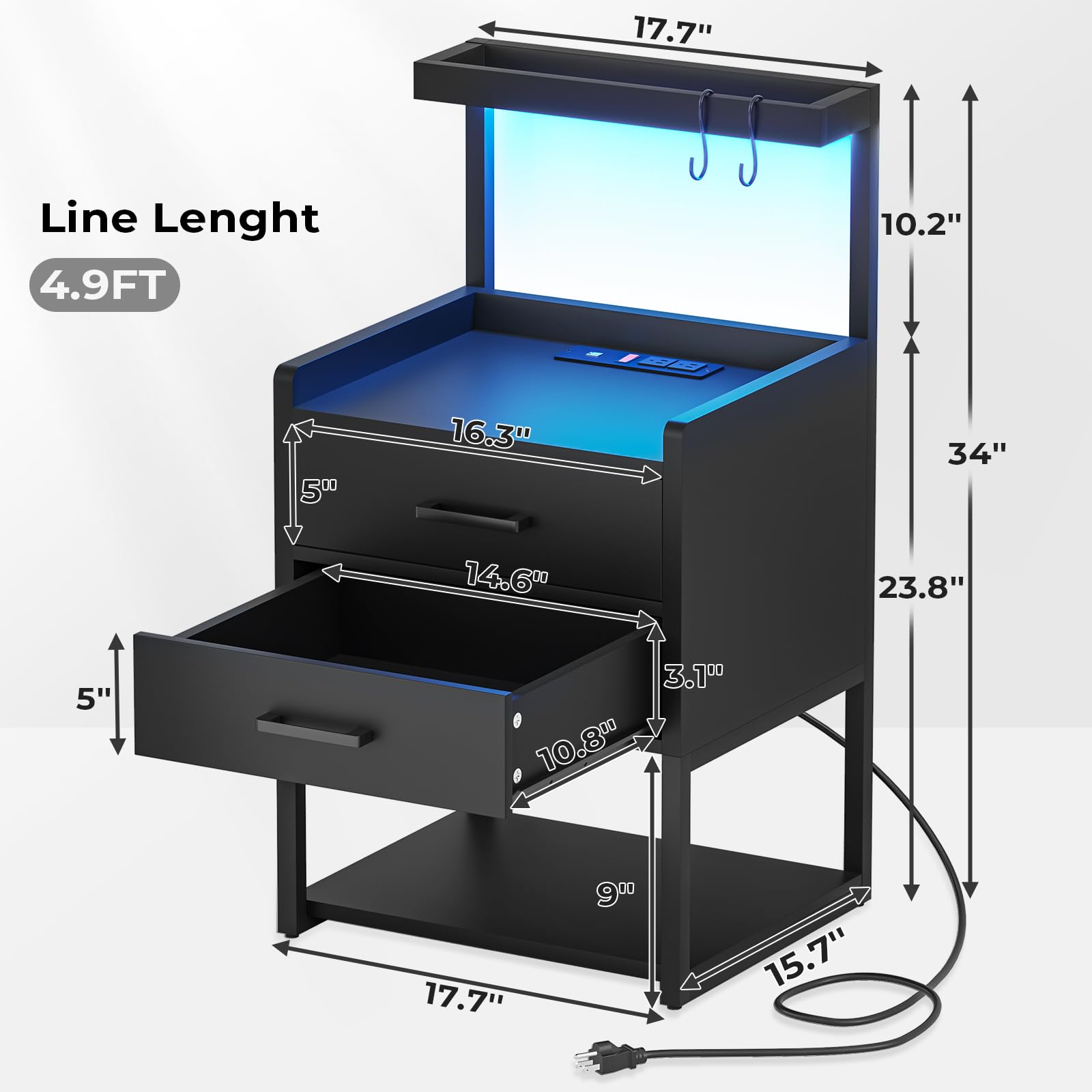 AOGLLATI Nightstand with LED Lights and Charging Station, 2 Drawers Bedroom Night Stand, 2 USB Ports, 2 Outlets, Bed Side Table with Storage Shelves, Black