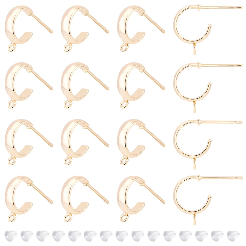 BENECREAT 16Pcs Real 18K Gold Plated Stud Earring Findings, Brass Half Hoop Earring Hook with Vertical Loops, 40Pcs Plastic Ear Nuts for Mother's Jewelry Earring Gift Making