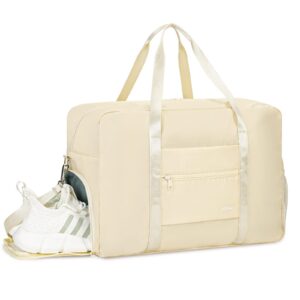 sports gym bag with wet pocket & shoes compartment, travel duffel bag for men and women lightweight fabric upgrade, beige