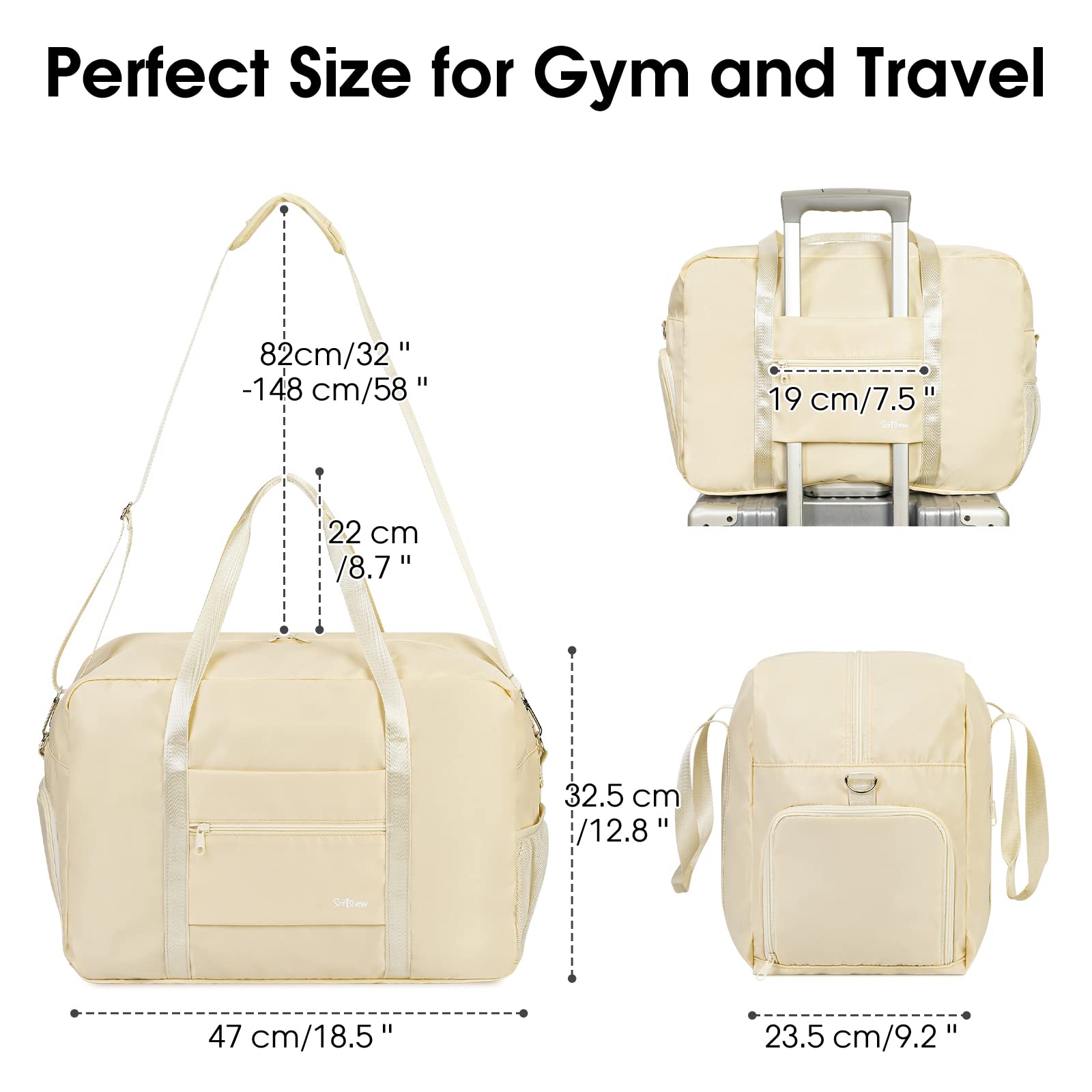 Sports Gym Bag with Wet Pocket & Shoes Compartment, Travel Duffel Bag for Men and Women Lightweight Fabric upgrade, Beige