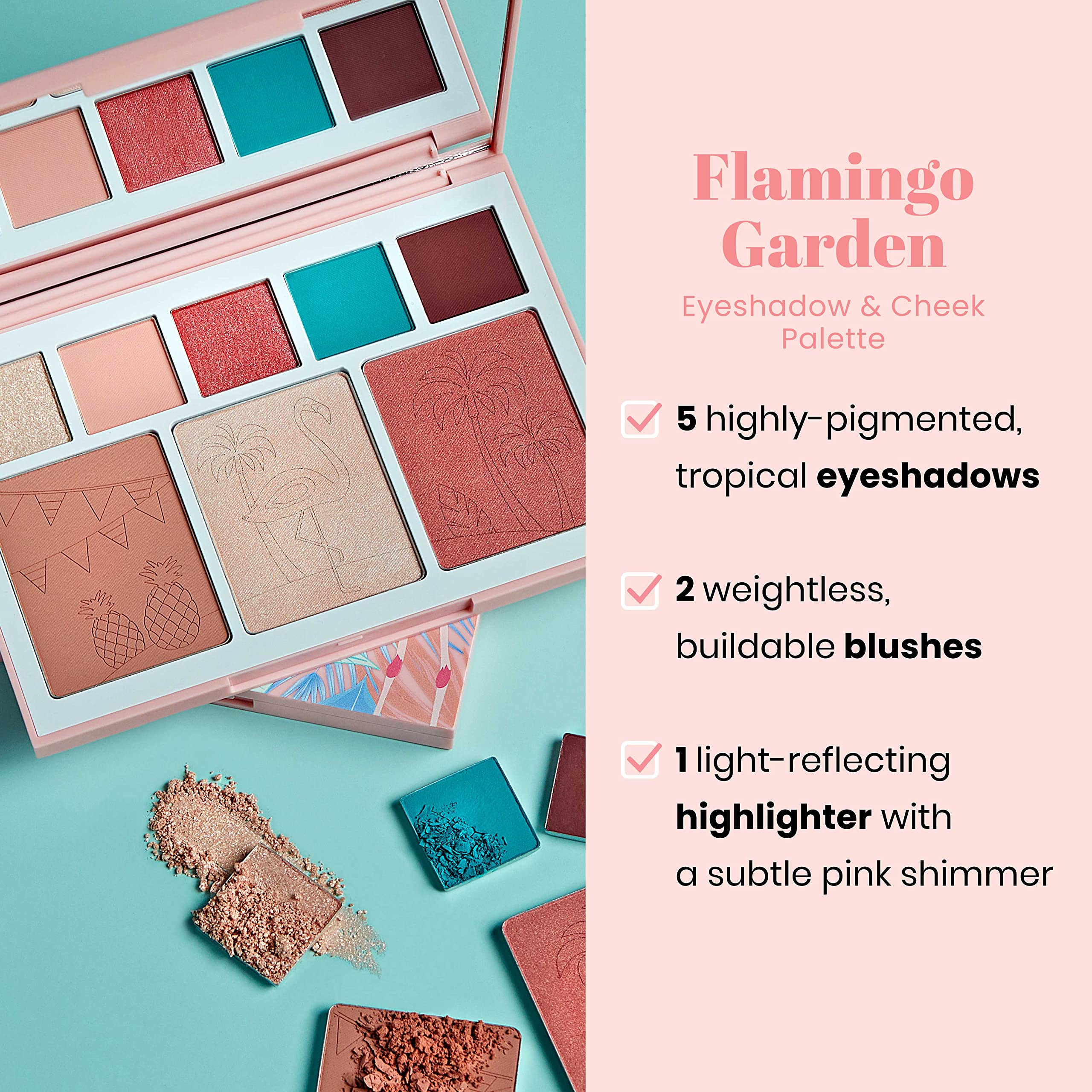 JOAH Beauty Flamingo Garden Cheek and Eyeshadow Palette, Highly Pigmented, Includes 5 Tropical Colored Eye Shadows, 2 Natural Blush Shades & 1 Pink Shimmer Highlighter, 1 Eye & Cheek Makeup Kit