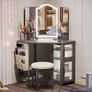 LVSOMT Vanity Desk with Mirror and Lights, Makeup Vanity with Charging Station, Dressing Table with 3 Lighting Options, Vanity Set with Drawers, Women’s Corner Vanity table, Grey