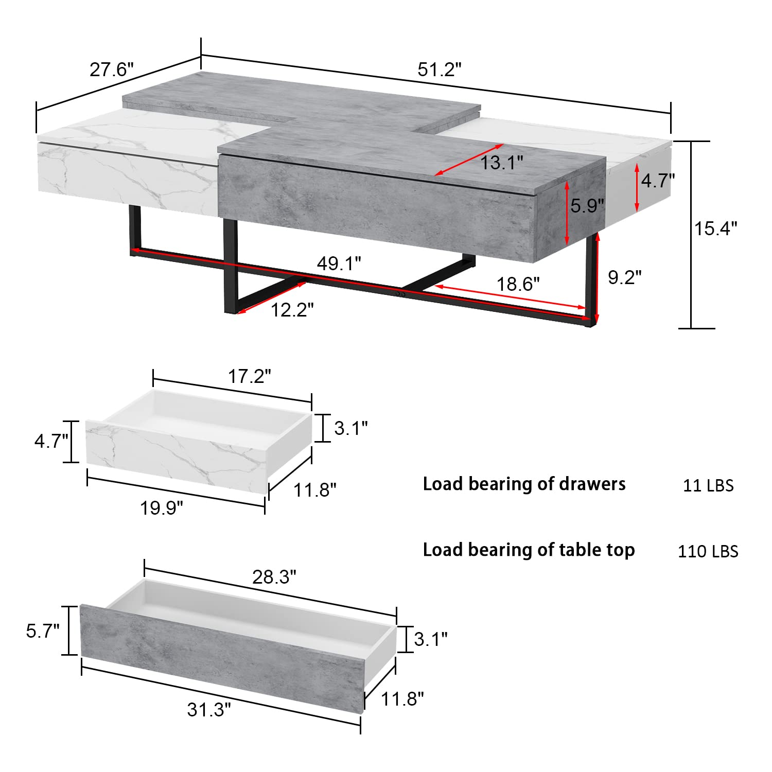 ECACAD Modern Design Coffee Table with 4 Drawers & Metal Legs, Wood Center Table with Marble Grain for Living Room, Office, Grey & White (51.2”L x 27.6”W x 15.4”H)