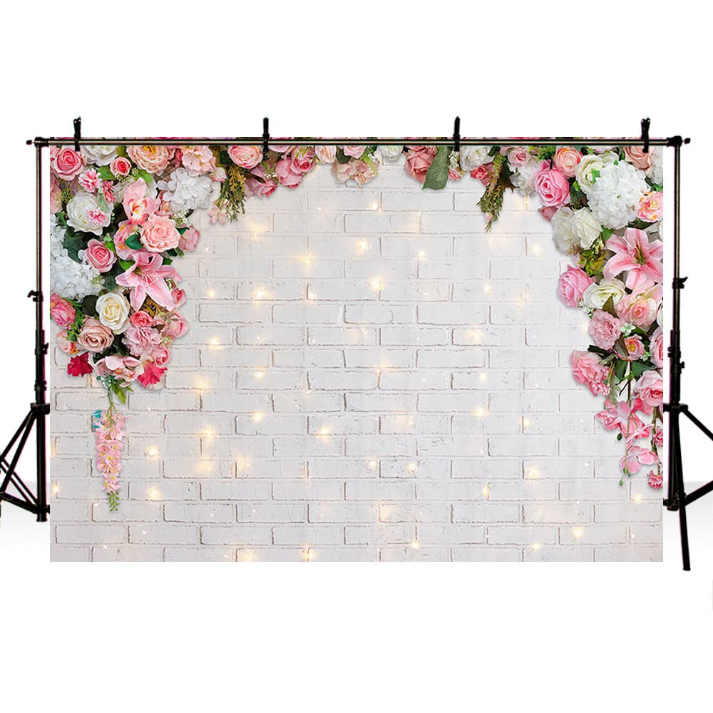 AIBIIN 10x7ft White Flowers Wall Pink Floral Photography Backdrop for Wedding Bridal Shower Engagement Ceremony Photo Background Baby Girl Birthday Party Portrait Cake Table Decor Photo Booth Studio