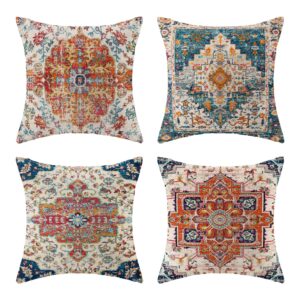 lhaifa boho pillow covers carpet pattern decorative pillow covers orange blue teal retro rust floral throw pillow covers 18x18 in set of 4 linen decorative pillow covers for couch living room sofa