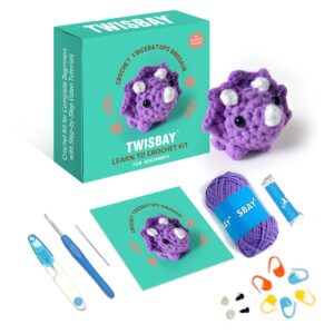 twisbay crochet kit for beginners with crochet yarn - triceratops dinosaur amigurumi crochet kit with step-by-step video tutorials for adults and kids