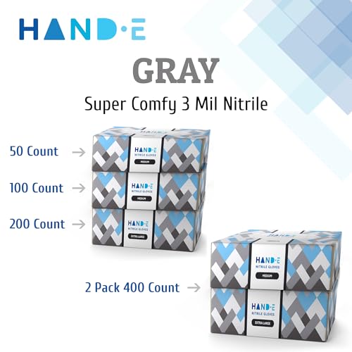 Hand-E Touch Disposable Gray Nitrile Gloves Medium 100 Count - Latex Free Medical Exam Gloves, Powder Free Food Safe Cooking Gloves