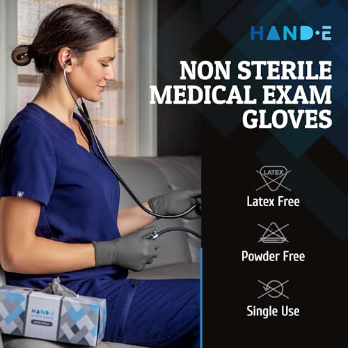 Hand-E Touch Disposable Gray Nitrile Gloves Medium 100 Count - Latex Free Medical Exam Gloves, Powder Free Food Safe Cooking Gloves