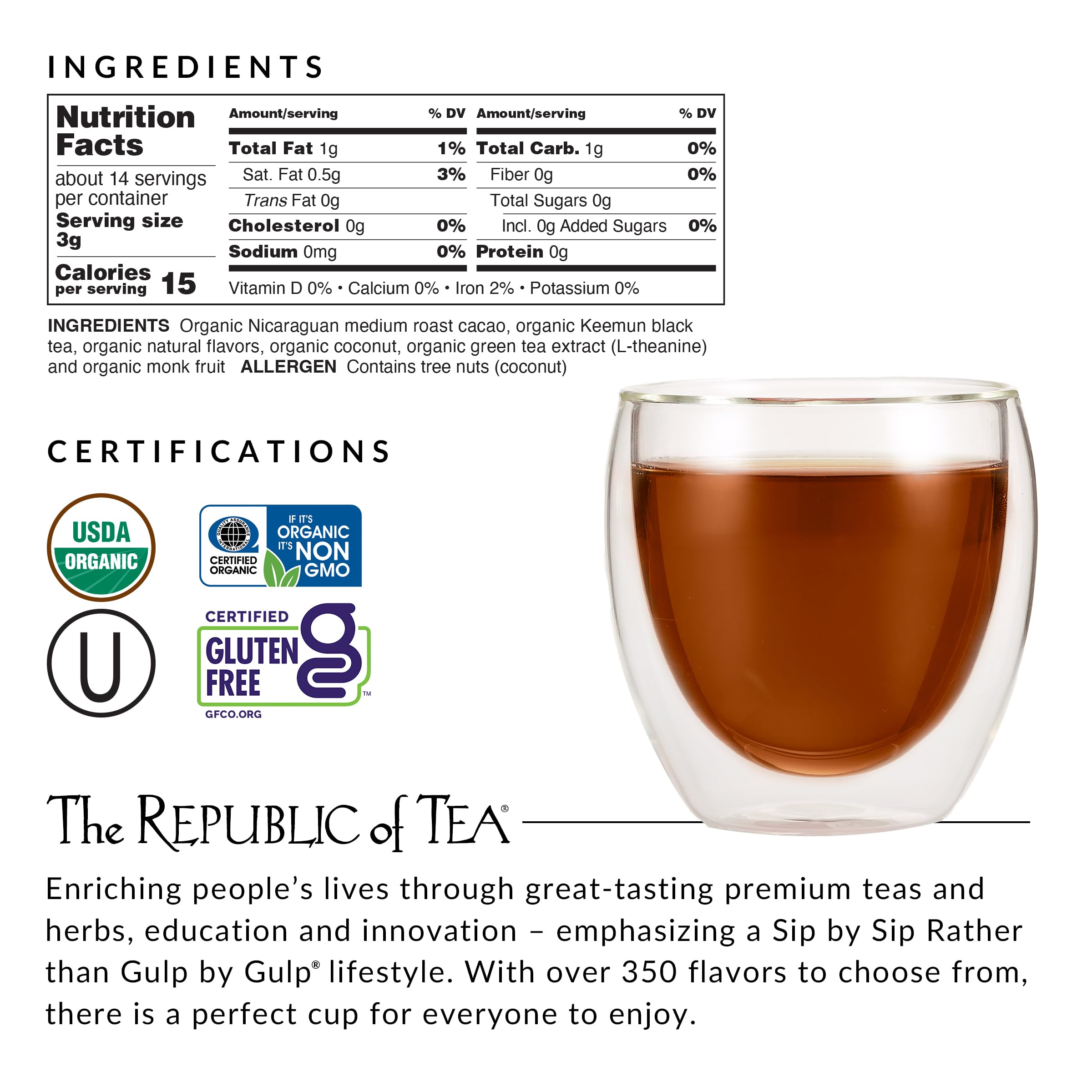 The Republic of Tea - Theo and Thea Caramel Coconut Full-Leaf Black Tea, 14 Pyramid Sachets, Low Caffeine