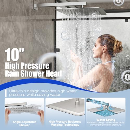 Gabrylly Shower System Brushed Nickel, Rain Shower head with handheld Shower Spray Combo, Rainfall Shower Faucet Set Complete, High Pressure 10" Stainless Steel Shower Valve Set