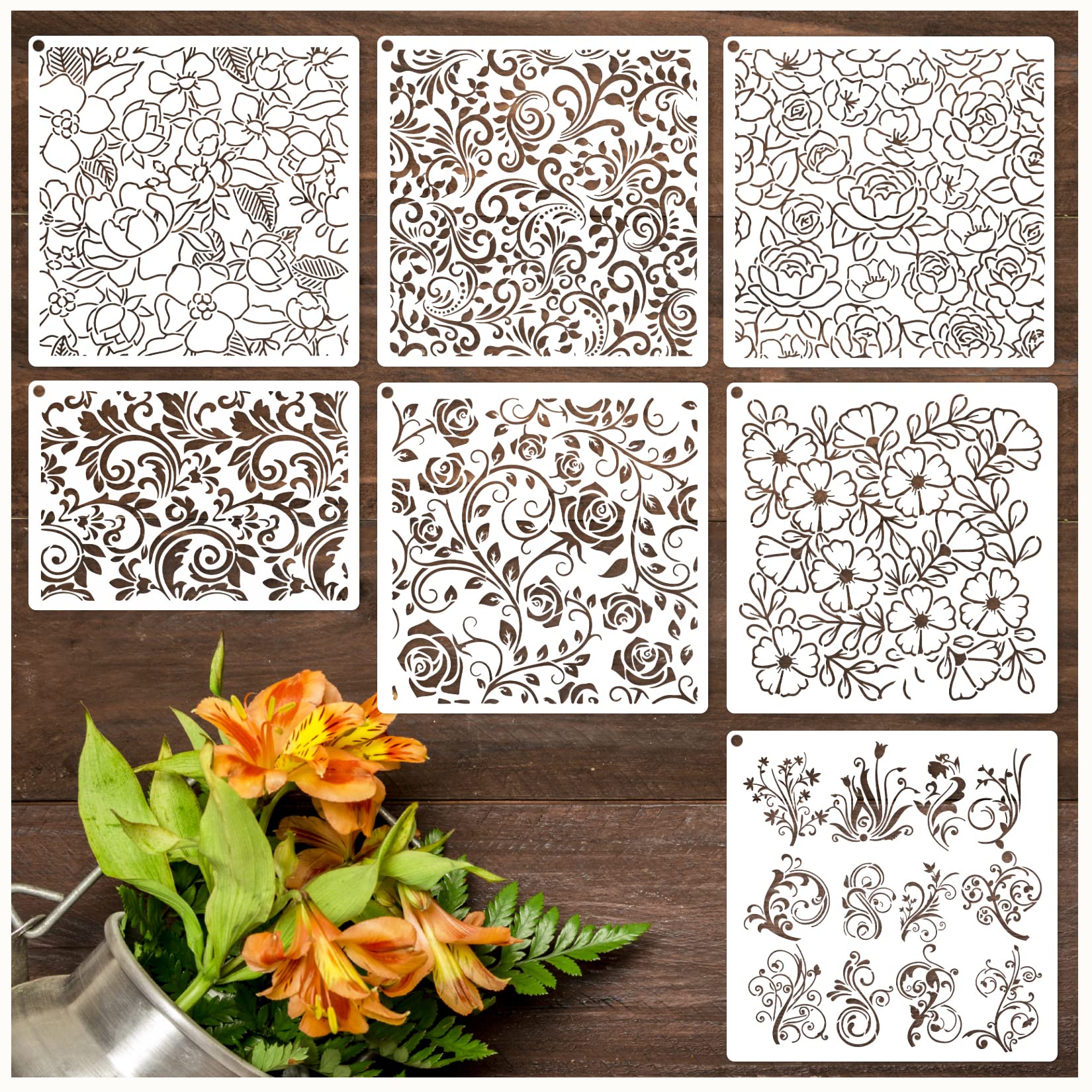 Large Flower Stencils for Painting Floral Leaf Stencil Rose Vine Background Template Paint Stencils for Painting on Wood Burning Art Craft Canvas Furniture Wall (7 Large Flowers)