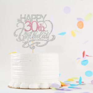 MonMon & Craft Happy 30th Birthday Cake Topper/Cheers to 30 Years/Women Girls 30th Birthday Party Decor Supplies - Silver & Pink Glitter (30th)