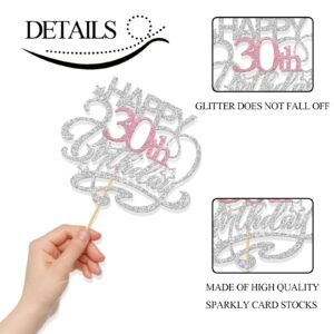 MonMon & Craft Happy 30th Birthday Cake Topper/Cheers to 30 Years/Women Girls 30th Birthday Party Decor Supplies - Silver & Pink Glitter (30th)