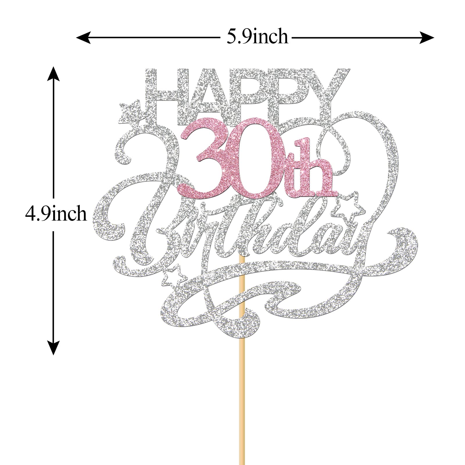 MonMon & Craft Happy 30th Birthday Cake Topper/Cheers to 30 Years/Women Girls 30th Birthday Party Decor Supplies - Silver & Pink Glitter (30th)