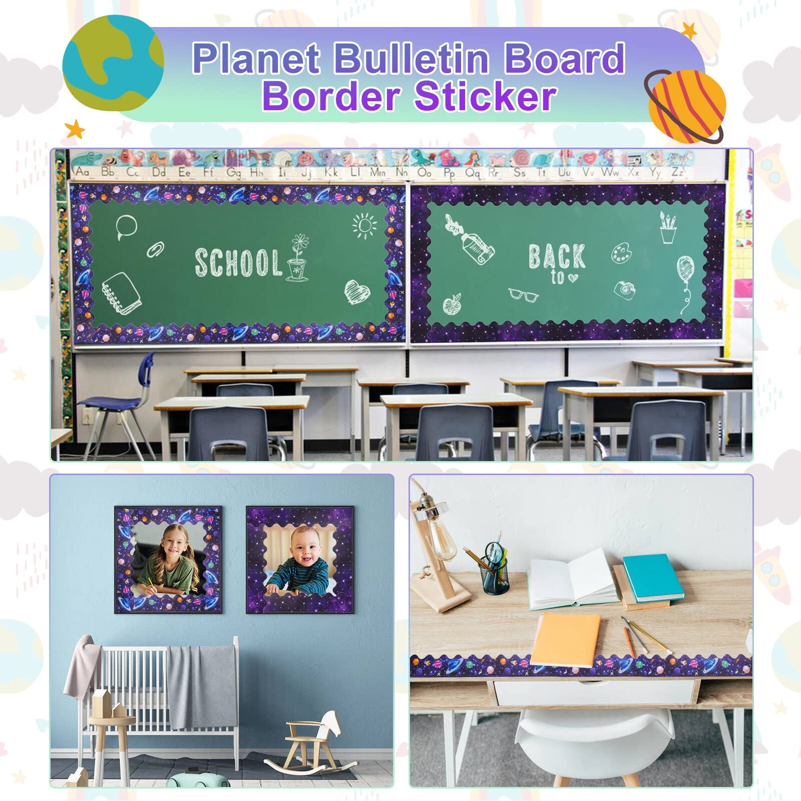 2 Rolls Bulletin Board Borders,100 ft Galaxy Scalloped Borders Trim for Bulletin Boards, Desks, Lockers, Home, School or Classroom Decor (Starry Sky and Outer Space)