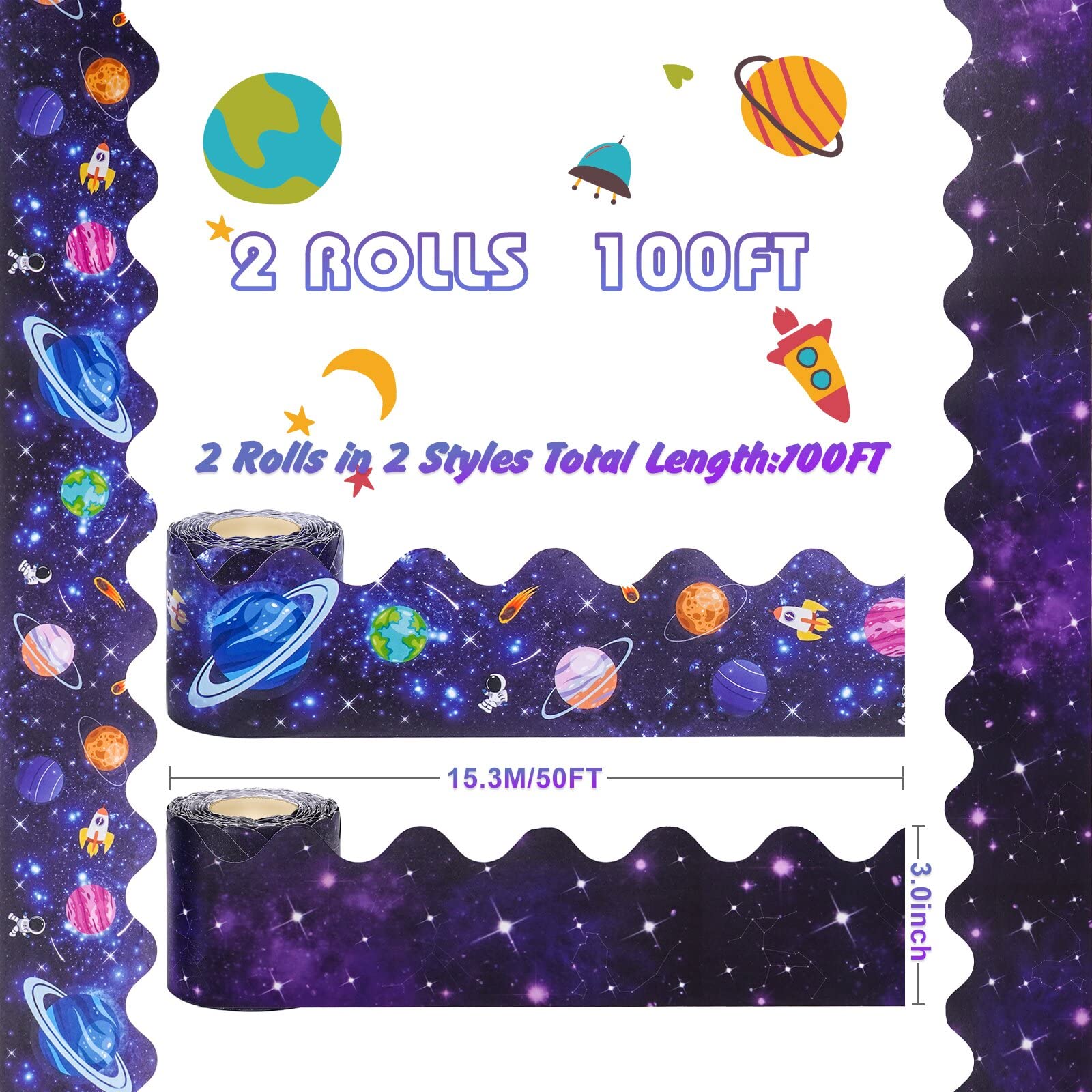 2 Rolls Bulletin Board Borders,100 ft Galaxy Scalloped Borders Trim for Bulletin Boards, Desks, Lockers, Home, School or Classroom Decor (Starry Sky and Outer Space)