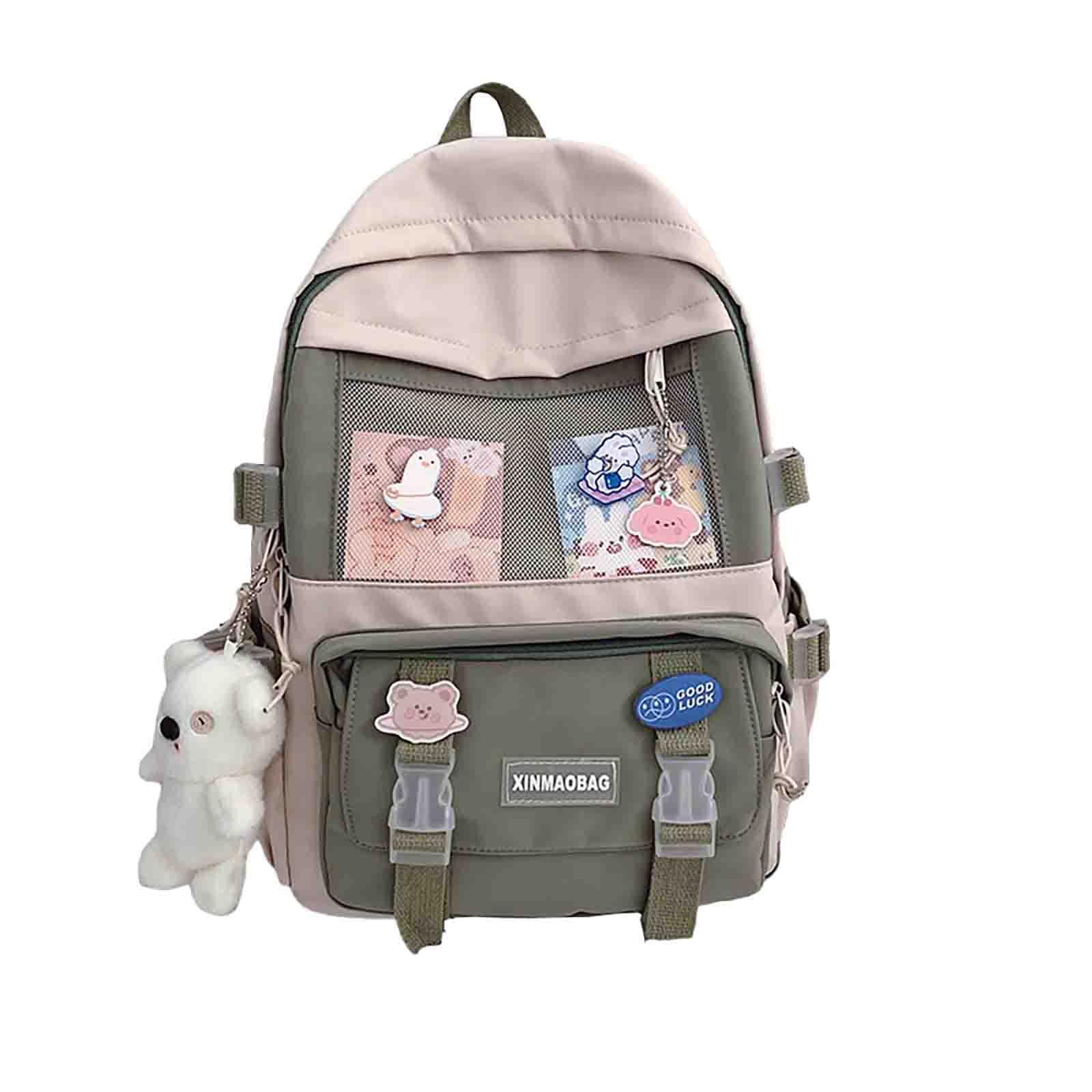 BXCNCKD Kawaii Backpack with Pins Kawaii School Backpack Cute Aesthetic Backpack Cute Kawaii Backpack for School (green)