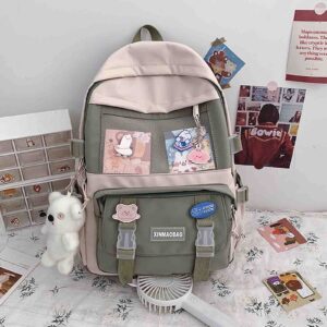 BXCNCKD Kawaii Backpack with Pins Kawaii School Backpack Cute Aesthetic Backpack Cute Kawaii Backpack for School (green)