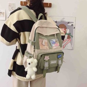 BXCNCKD Kawaii Backpack with Pins Kawaii School Backpack Cute Aesthetic Backpack Cute Kawaii Backpack for School (green)