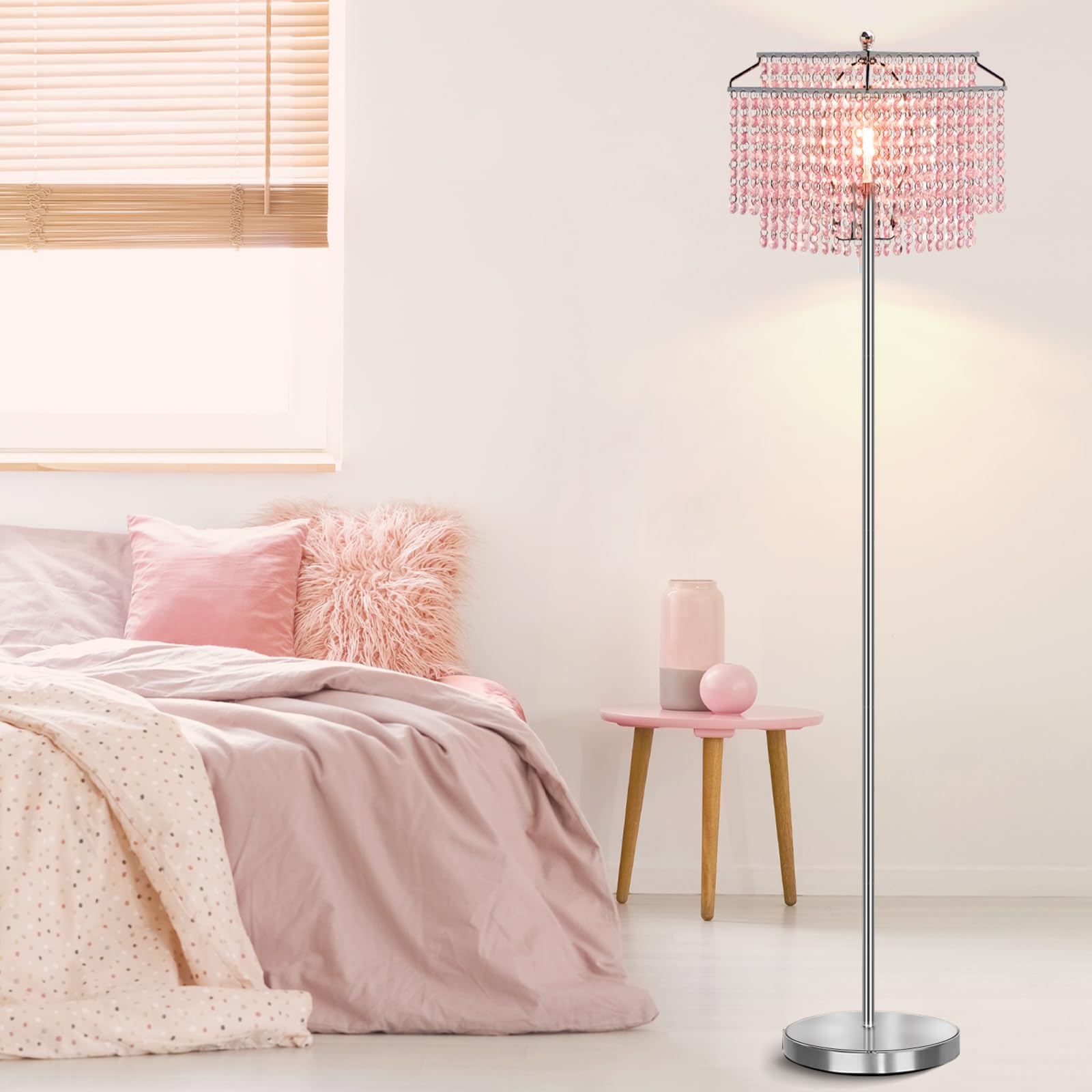 Luvkczc Crystal Floor Lamp, Modern Standing Lamps with Double-Layer Lampshade, Floor Lamps with On/Off Foot Switch, Tall Pole Lamp for Living Room, Girl Bedroom, Dresser, Office