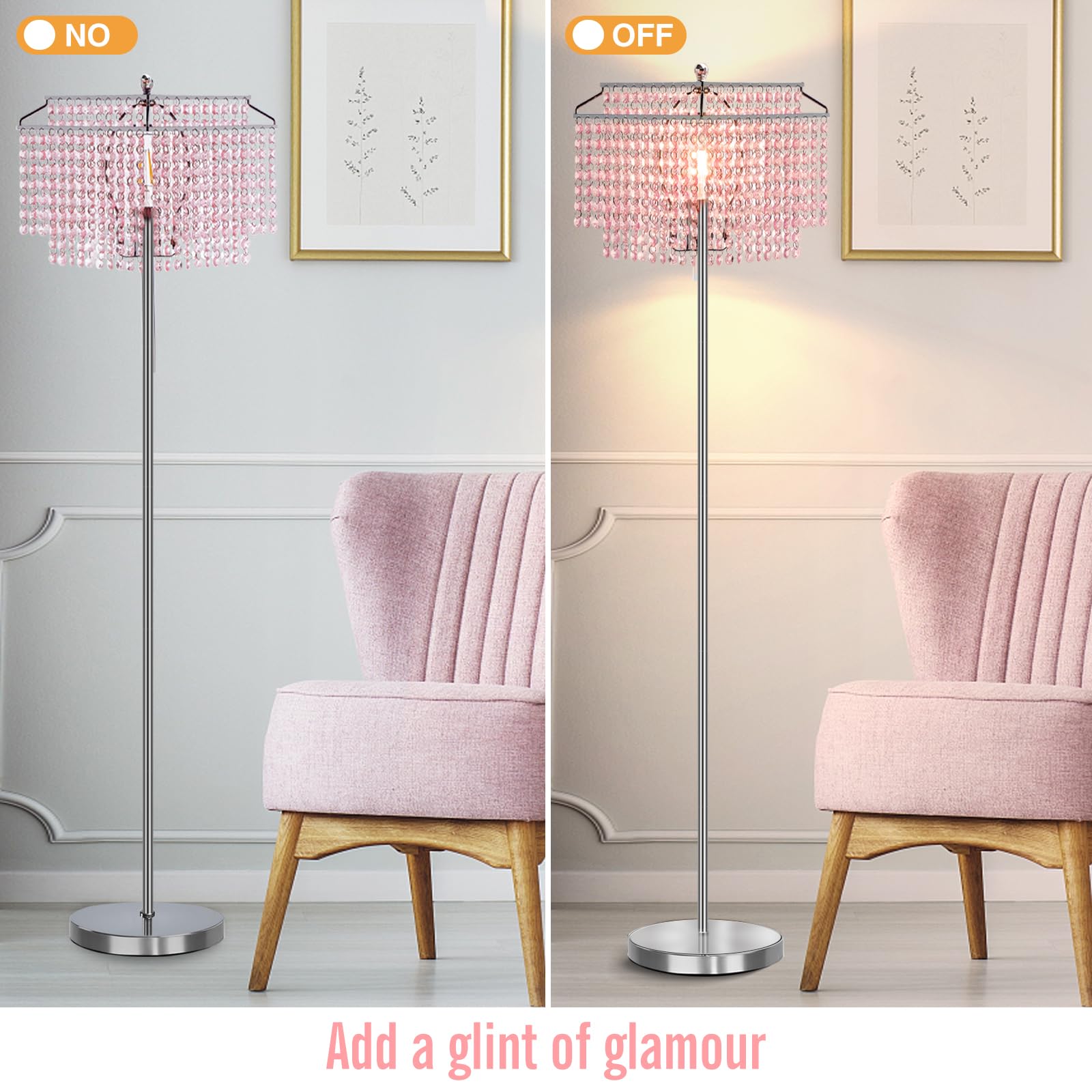 Luvkczc Crystal Floor Lamp, Modern Standing Lamps with Double-Layer Lampshade, Floor Lamps with On/Off Foot Switch, Tall Pole Lamp for Living Room, Girl Bedroom, Dresser, Office